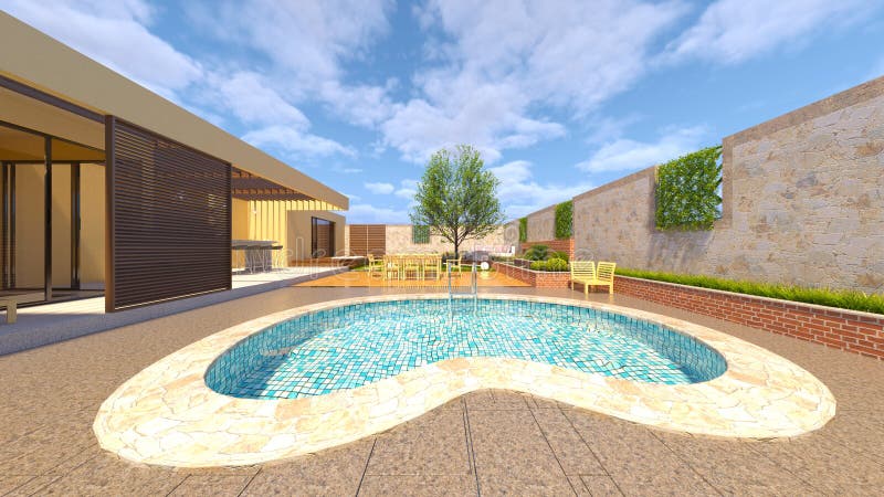 3D Rendering of the House with Swimming Pool Stock Illustration ...
