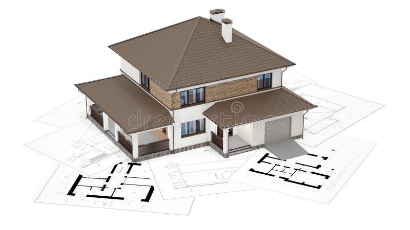3D Rendering of a House on Top of Blueprints Stock Image - Image of ...