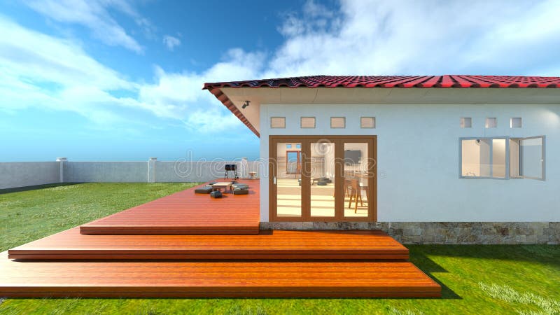 3D Rendering of the House with Wooden Balcony Stock Illustration ...