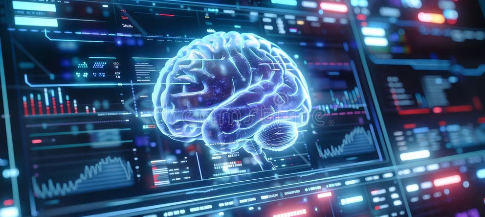 A 3D Rendering of a Human Brain with Data Visualization is Displayed on a Digital Interface ...