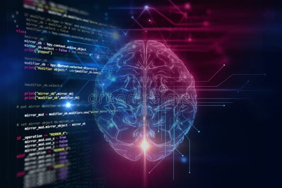 3d Rendering of Human Brain on Programming Language Background Stock ...