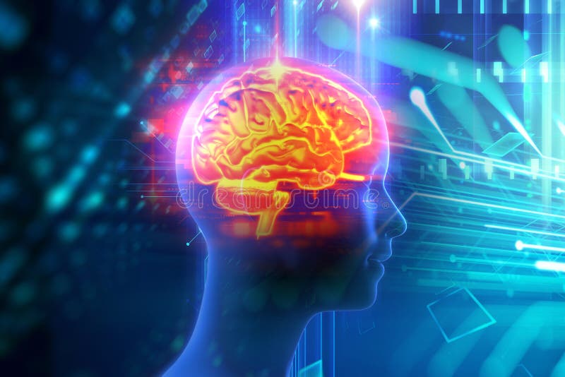 3d Rendering of Human Brain on Technology Background Stock Illustration ...