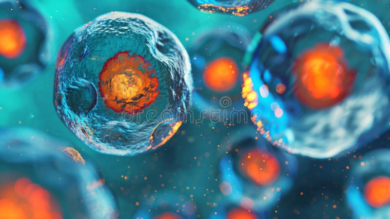 3d Rendering of Human Cells Floating with Orange Nucleus Against a Blue ...
