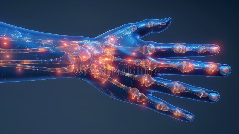 A 3D Rendering of a Human Hand with Highlighted Nerves and Bones ...