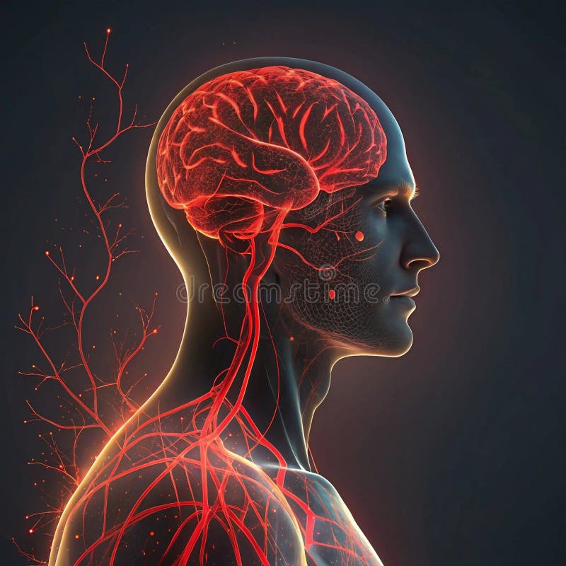 3D Rendering of a Human Head and Torso, with Glowing Red Neural ...