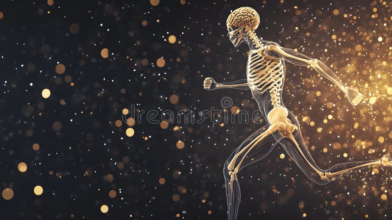 Human Skeleton Running with Golden Sparkles Abstract Background Stock ...
