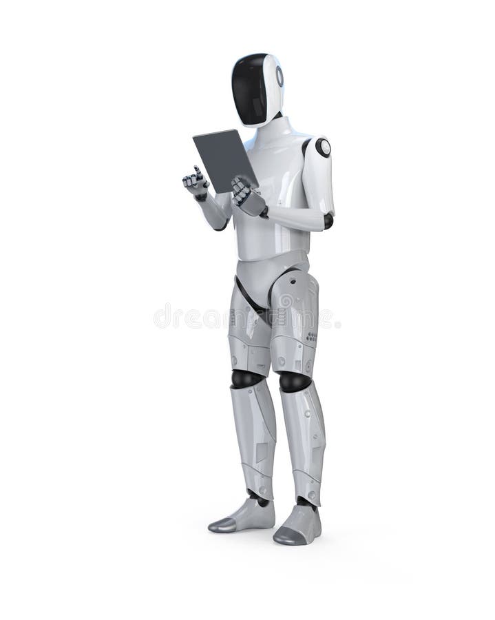 Humanoid Robot with Digital Tablet Isolated on White Stock Illustration ...