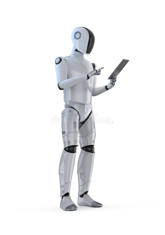Humanoid Robot with Digital Tablet Isolated on White Stock Illustration ...