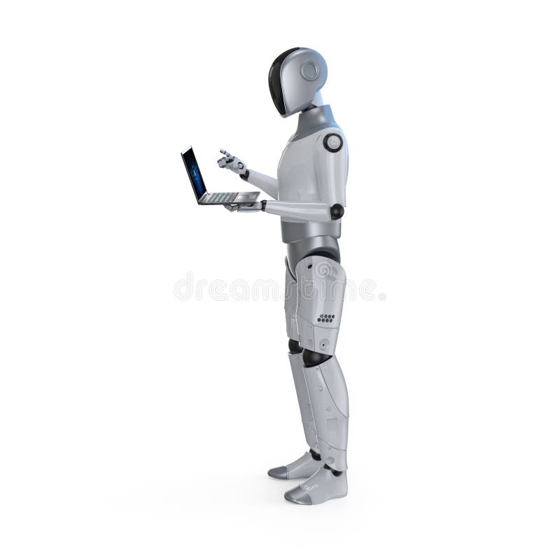 Humanoid Robot with Notebook Computer Isolated on White Stock ...