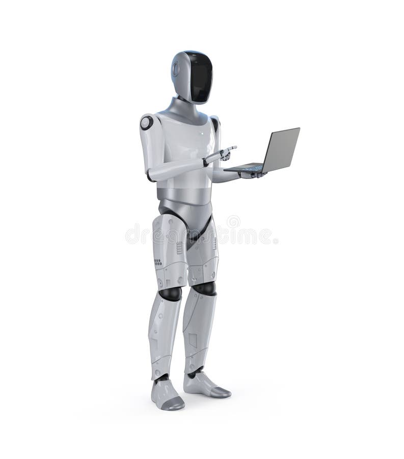 Humanoid Robot with Notebook Computer Isolated on White Stock ...