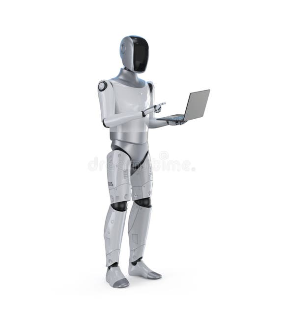 Humanoid Robot with Notebook Computer Isolated on White Stock ...