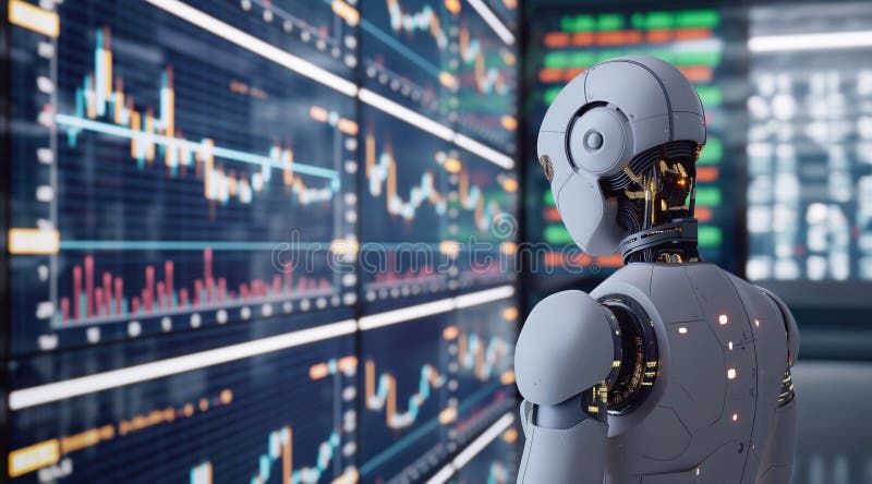 3D Rendering of a Humanoid Robot Analyzing a Stock Market Chart with ...