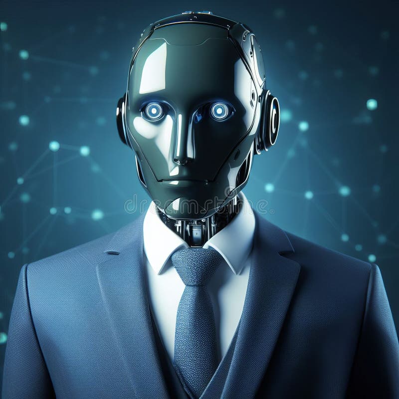 3d Rendering Humanoid Robot in Blue Suit with Connection Lines on Dark ...