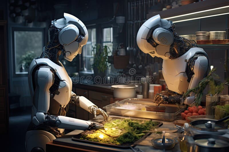 3d Rendering Humanoid Robot Cooking Food in the Kitchen at Night, AI ...