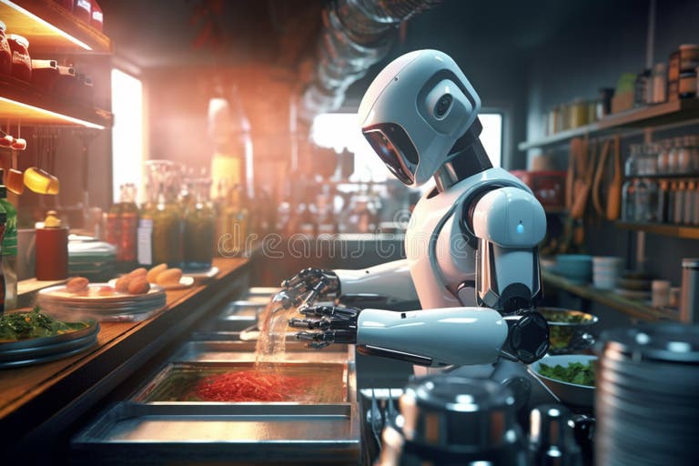 3d Rendering Humanoid Robot Cooking Vegetable Salad in Kitchen at Home ...