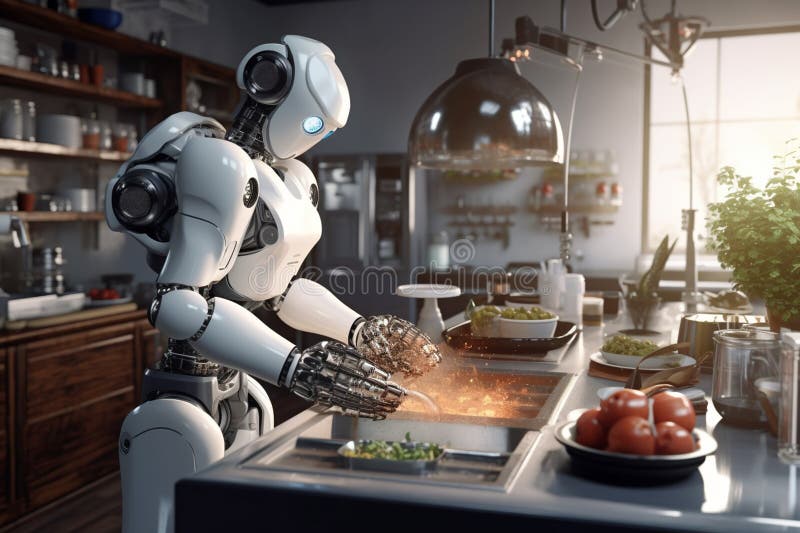 3d Rendering Humanoid Robot Cooking Vegetable Salad in Kitchen at Home ...