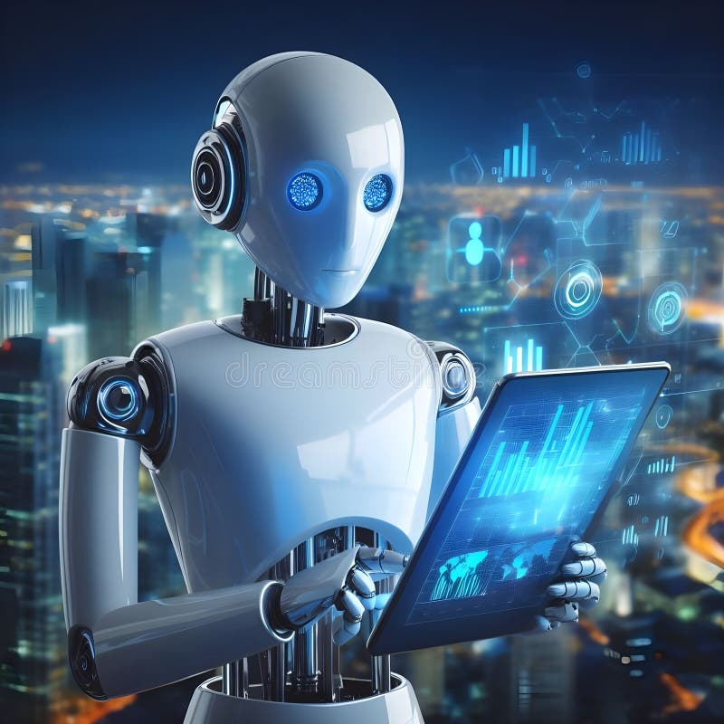 3d Rendering Humanoid Robot or Cyborg in Blue Light Modern Interior ...