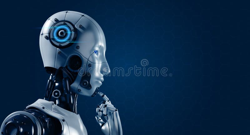 3d Rendering of Humanoid Robot Cyborg Thinking and Compute on Blue ...