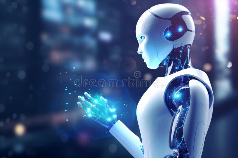 3d Rendering Humanoid Robot with Glowing Lights in Background, Future ...