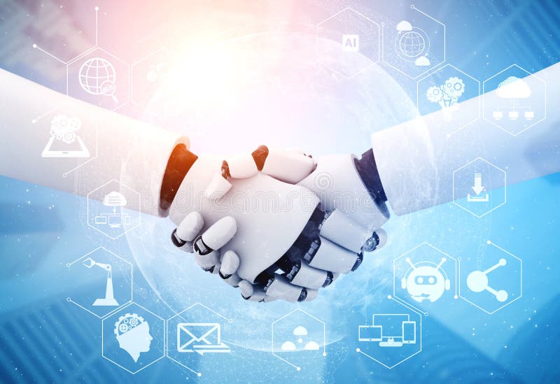 3D Rendering Humanoid Robot Handshake To Collaborate Future Technology ...