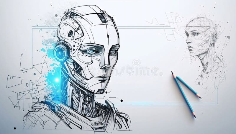 3d Rendering Humanoid Robot Head with Pencil in Hand Drawn Sketch Style ...