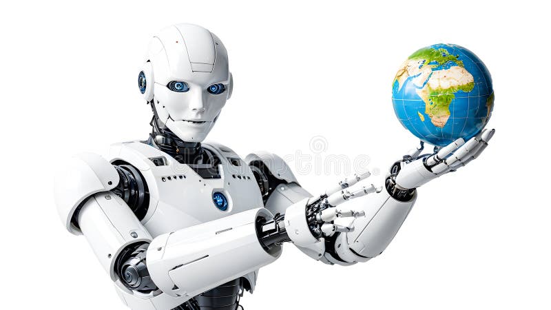 3d Rendering Humanoid Robot Holding Earth Globe Stock Photo ...