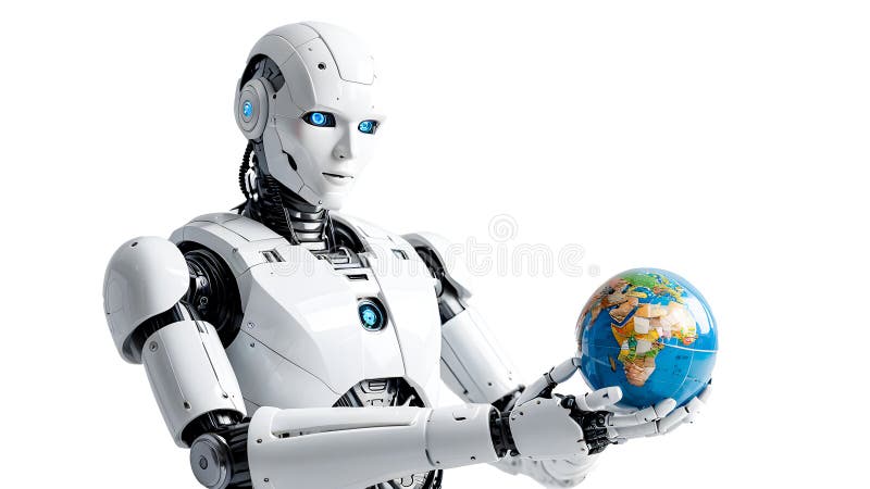 3d Rendering Humanoid Robot Holding Earth Globe Isolated on White Stock ...
