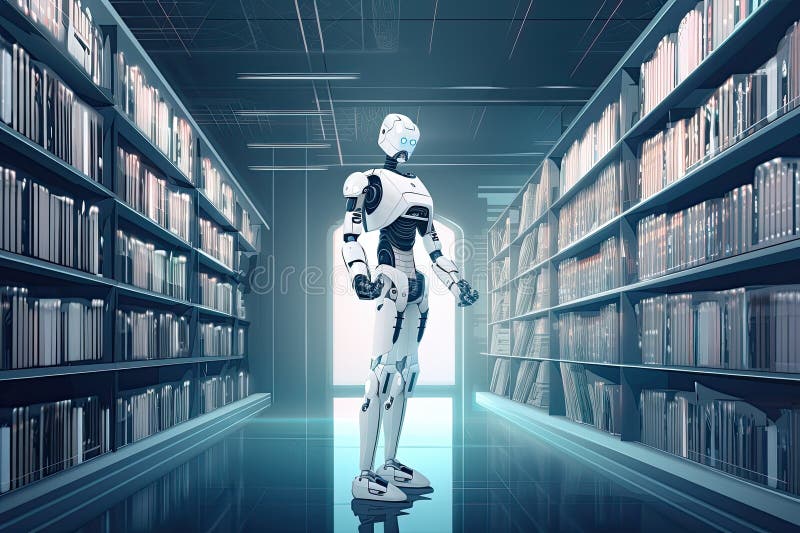 3d Rendering Humanoid Robot in Library with Bookshelves on Background ...