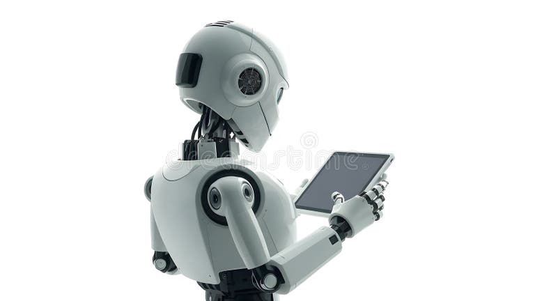 3d Rendering Humanoid Robot with Tablet Pc Computer Isolated on White ...
