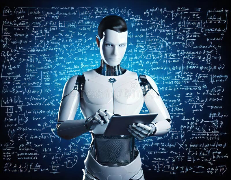 3d Rendering Humanoid Robot Using Tablet Computer with Mathematical Formulas on Background ...