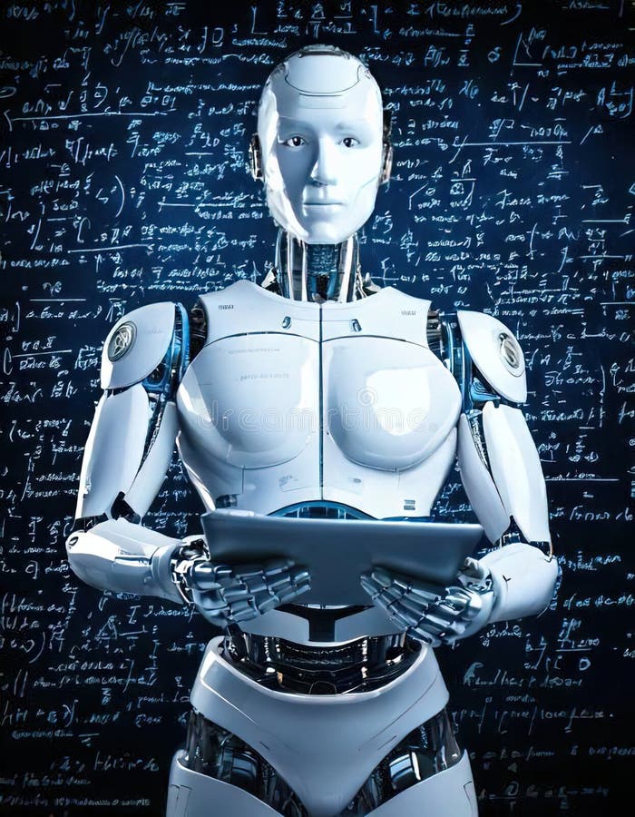 3d Rendering Humanoid Robot Using Tablet Computer with Mathematical Formulas on Background ...