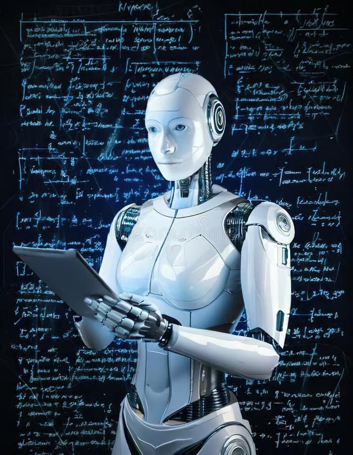 3d Rendering Humanoid Robot Using Tablet Computer with Mathematical Formulas on Background ...