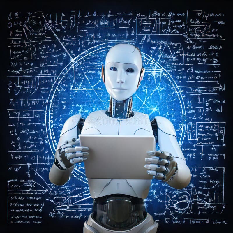 3d Rendering Humanoid Robot Using Tablet Computer with Mathematical Formulas on Background ...