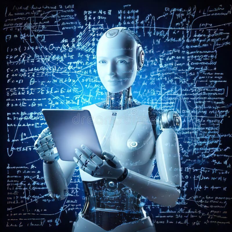 3d Rendering Humanoid Robot Using Tablet Computer with Mathematical Formulas on Background ...