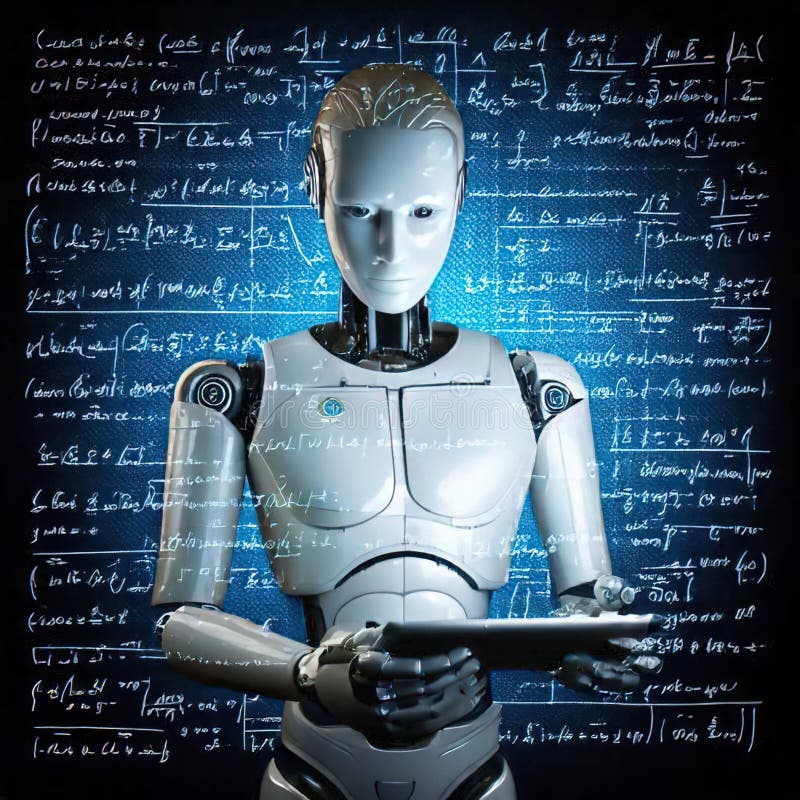 3d Rendering Humanoid Robot Using Tablet Computer with Mathematical Formulas on Background ...