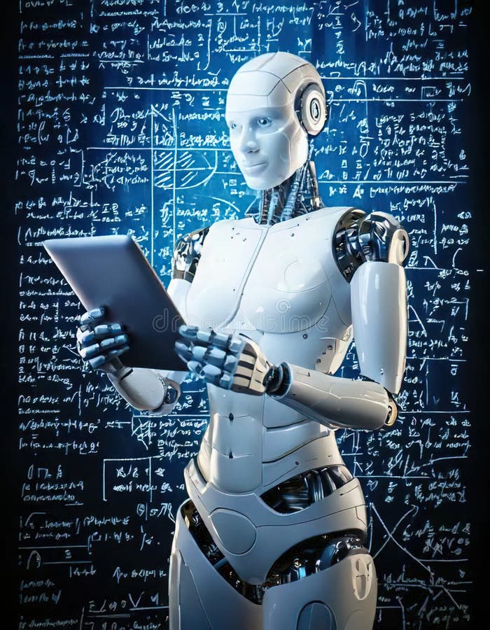 3d Rendering Humanoid Robot Using Tablet Computer with Mathematical Formulas on Background ...