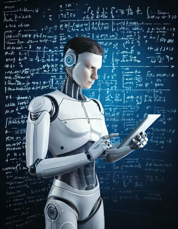 3d Rendering Humanoid Robot Using Tablet Computer with Mathematical Formulas on Background ...