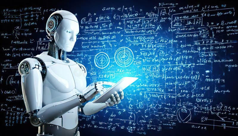 3d Rendering Humanoid Robot Using Tablet Computer with Mathematical Formulas on Background ...