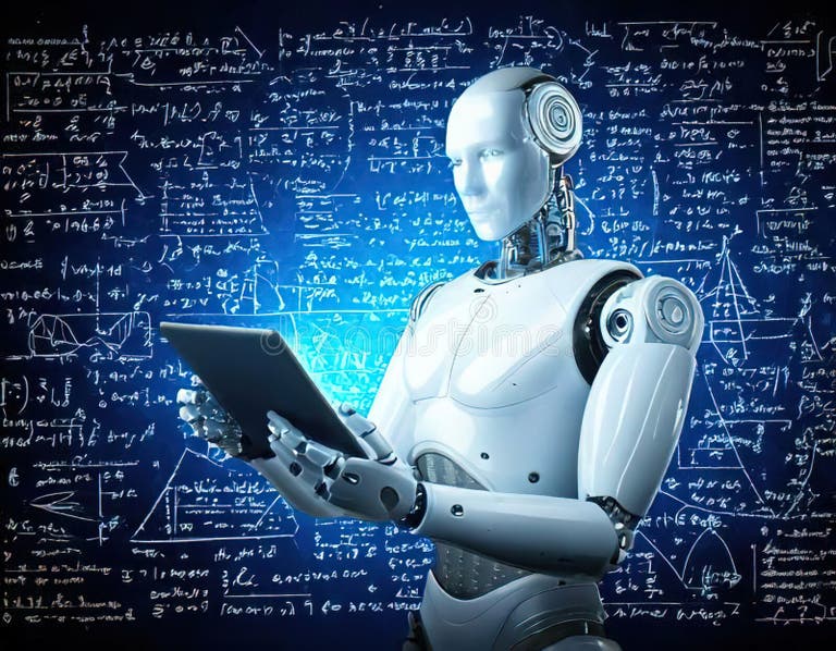 3d Rendering Humanoid Robot Using Tablet Computer with Mathematical Formulas on Background ...