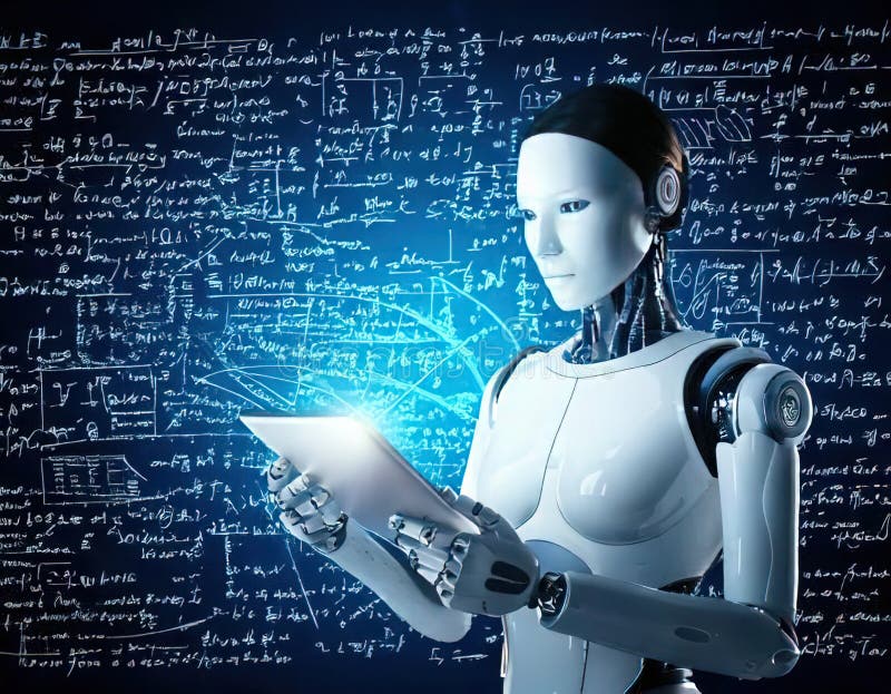3d Rendering Humanoid Robot Using Tablet Computer with Mathematical Formulas on Background ...