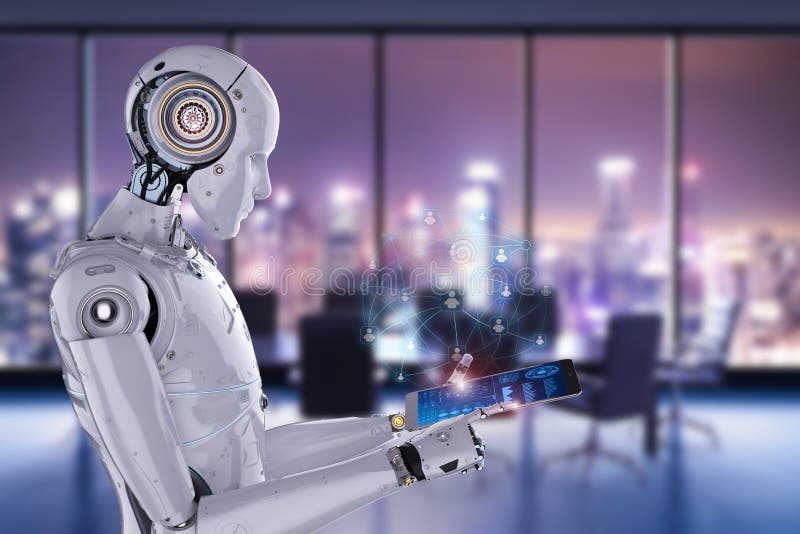 Robot with tablet stock illustration. Illustration of intelligence ...