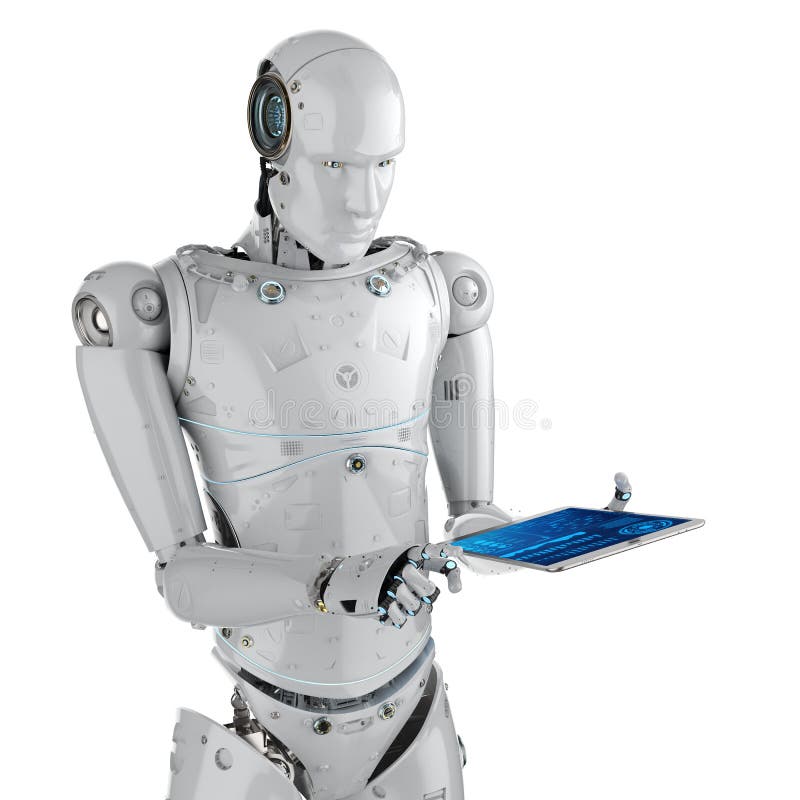 Robot work on tablet stock illustration. Illustration of humanoid ...