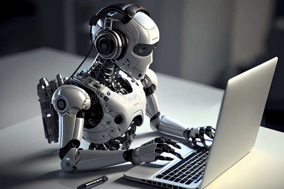 3d Rendering Humanoid Robot Working with Headset and Notebook Stock Illustration - Illustration ...