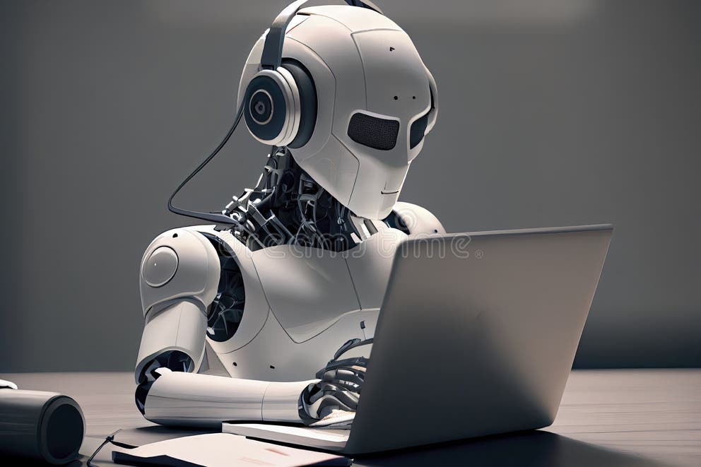 3d Rendering Humanoid Robot Working with Headset and Notebook Stock Illustration - Illustration ...