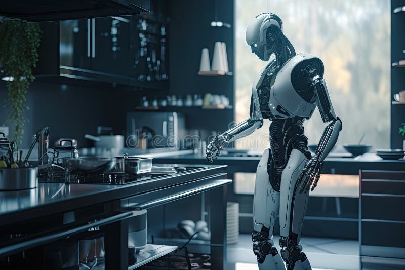 3d Rendering Humanoid Robot Working in the Kitchen of a Modern House ...