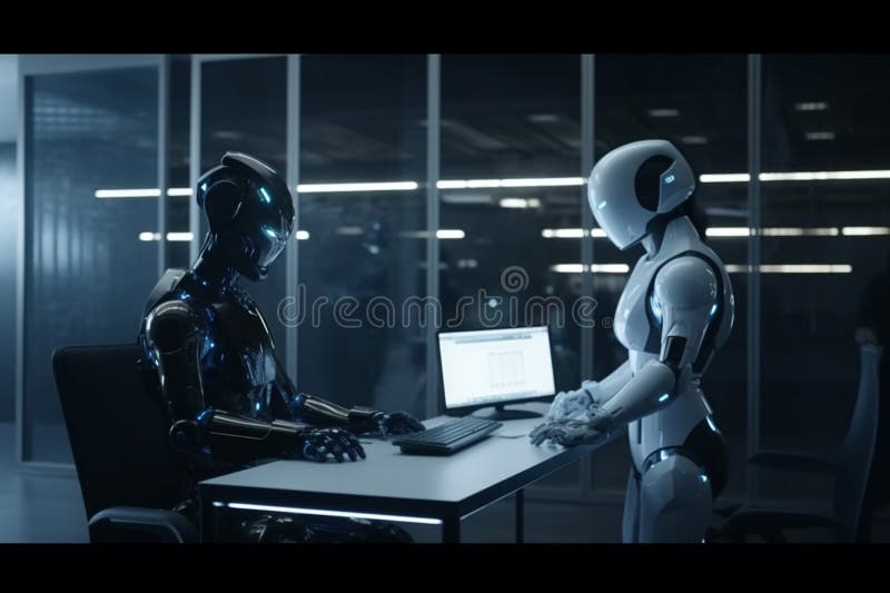 3d Rendering Humanoid Robot Working Laptop Computer Modern Office Night ...
