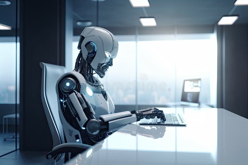 3d Rendering Humanoid Robot Working in Modern Office with Computer on ...
