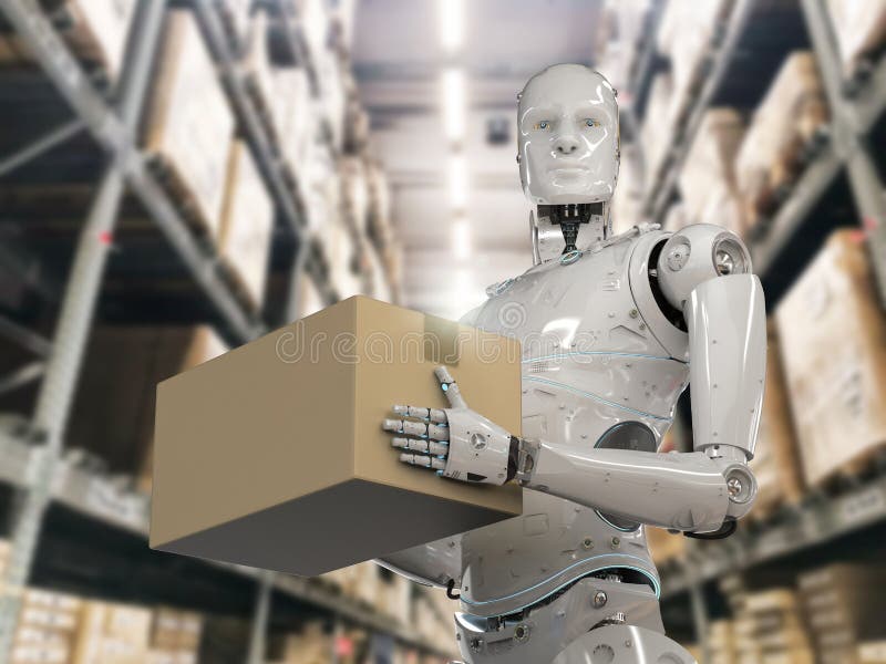 Robot carry cardboard box stock illustration. Illustration of depot ...
