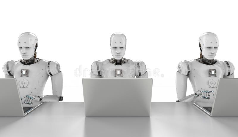 Robots work on laptop stock illustration. Illustration of computer ...