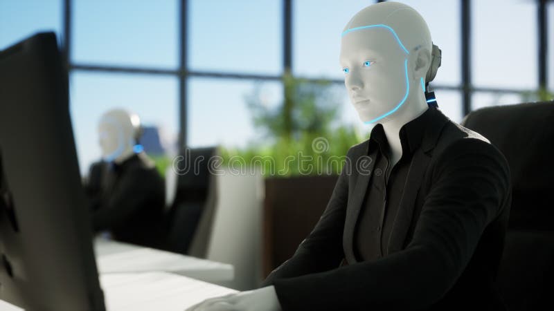 3d Rendering Humanoid Robots Working in Modern Office, Future Concept Stock Illustration ...